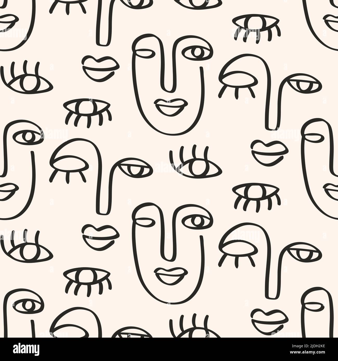 One Line Drawing Abstract Face Seamless Pattern Stock Vector Image