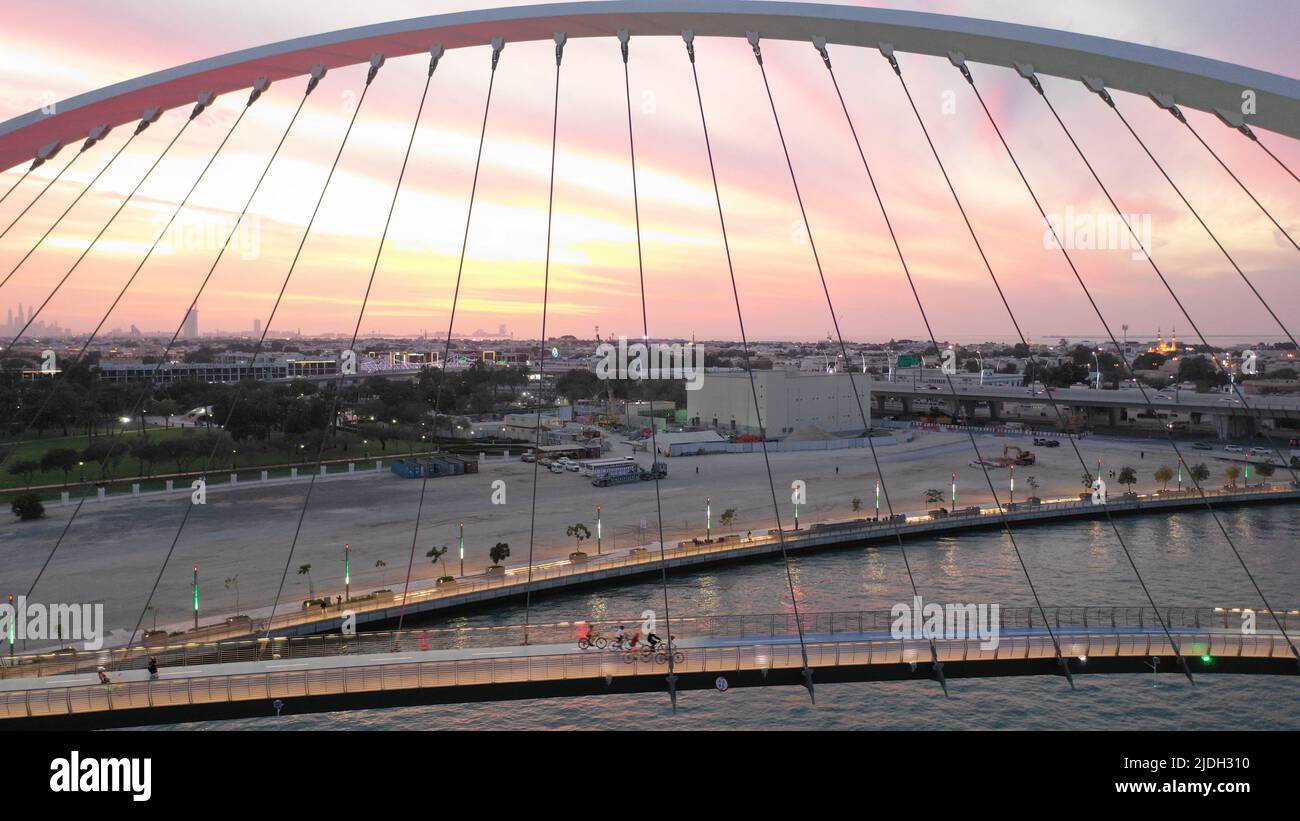 Aerial drone top view to Dubai canal and the Tolerance bridge on ...