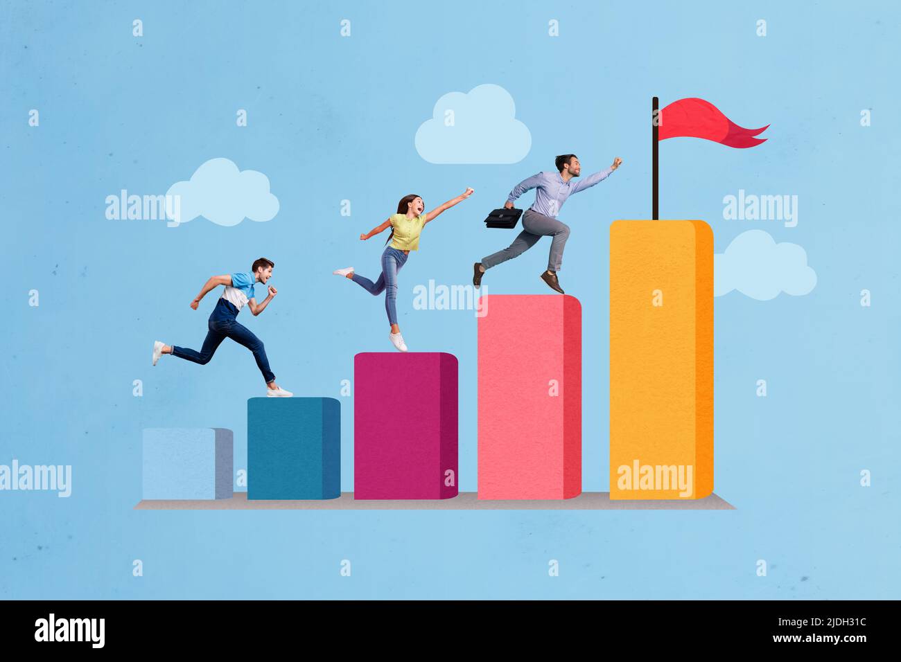 Composite collage picture of three people running climb success stairs ...