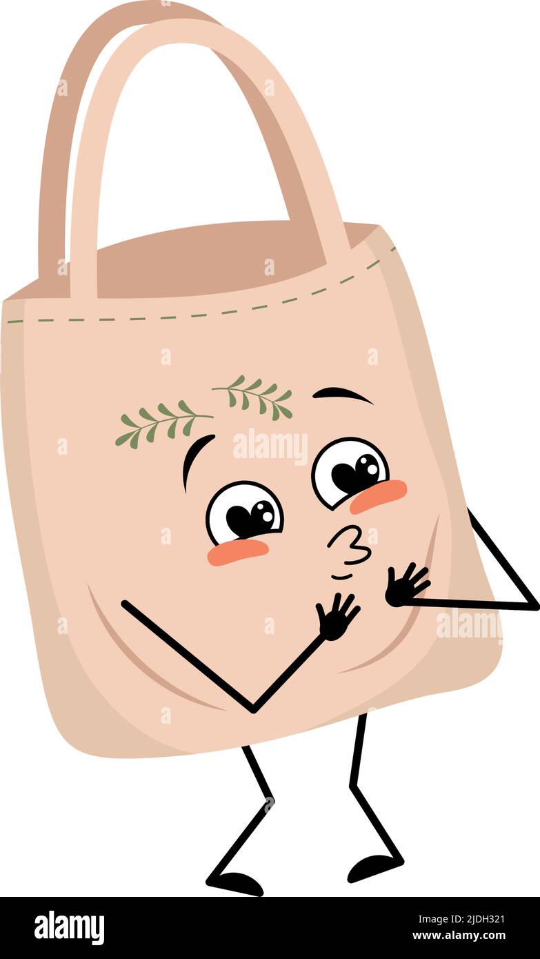 Cute character fabric bag with love emotions, smile face, arms and legs ...