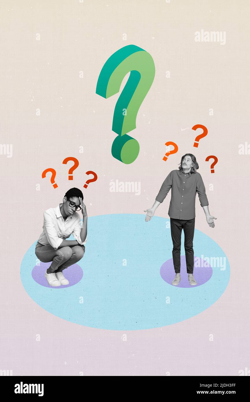 Banner collage of two colleagues solve task have no idea huge question ...