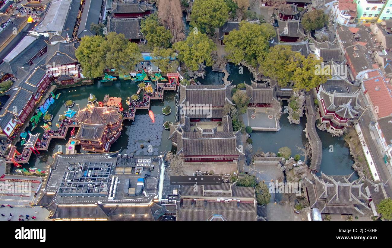 Aerial view of Yu Yuan (Yu Garden) at dusk during the lantern festival ...