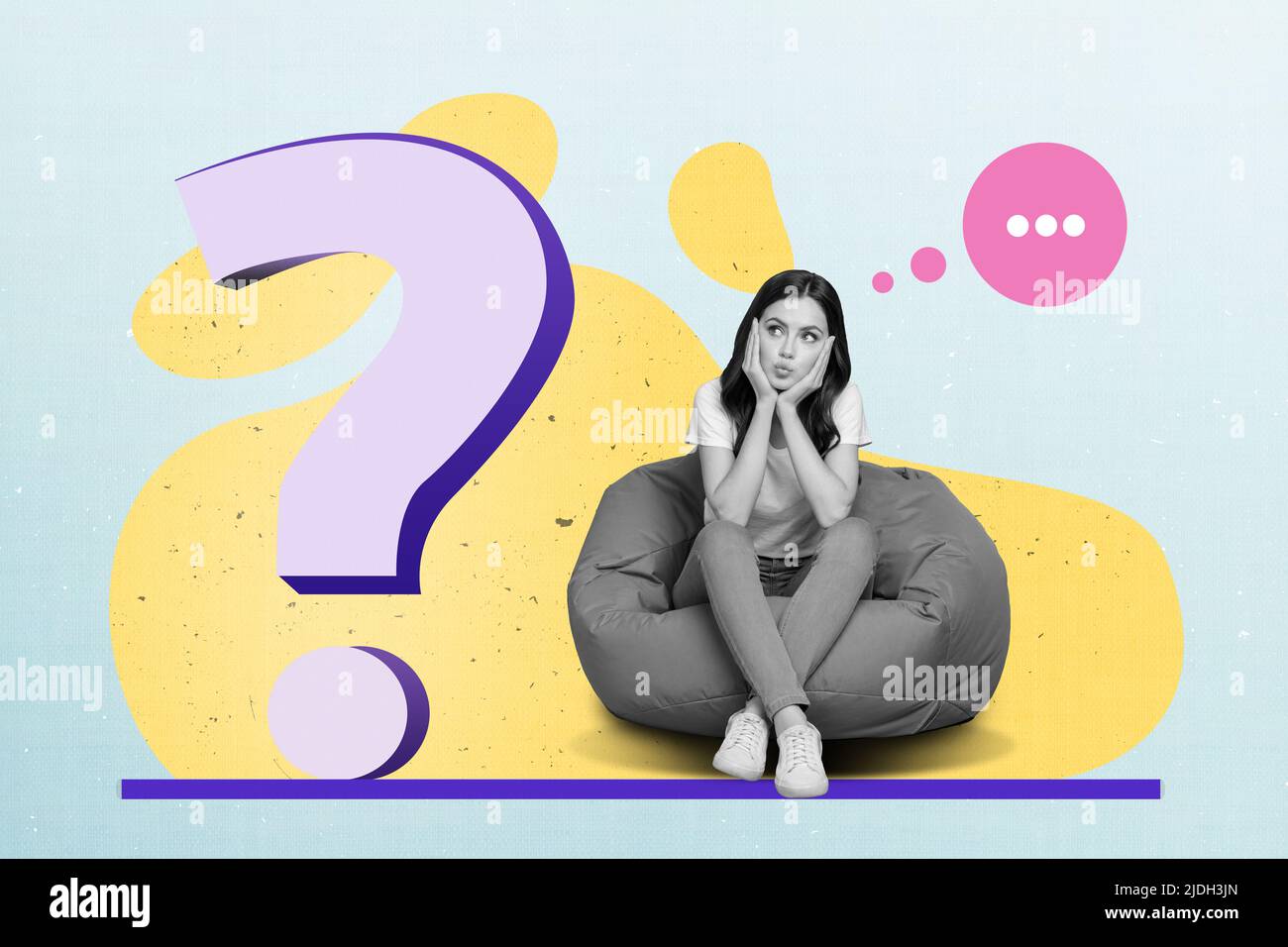 Creative collage picture of minded girl black white effect sitting bag ...