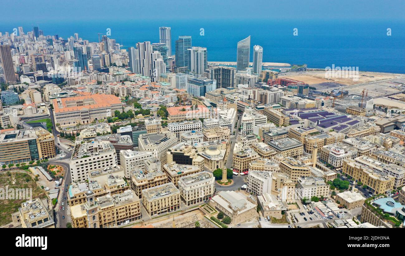 Beirut skyline aerial drone top view with blue Mediterranean sea in the ...