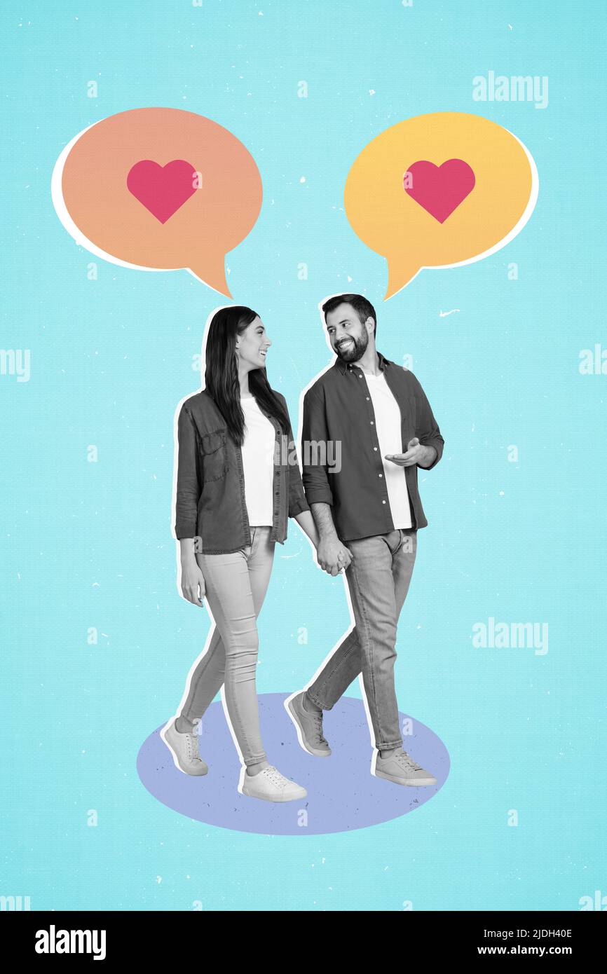 Vertical collage image of two partners guy girl black white effect hold ...