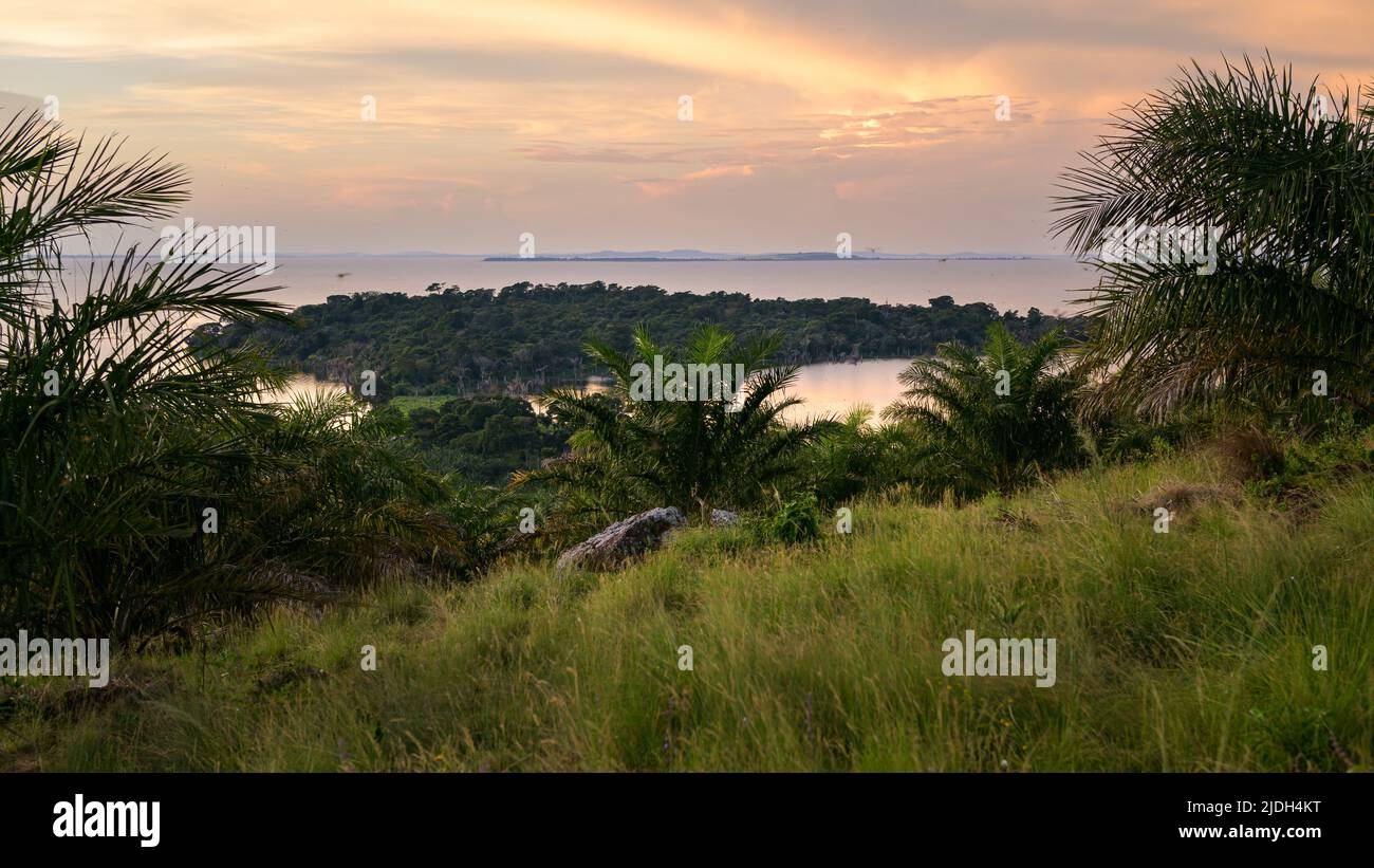 Colorful sunset near Kalangala (Ssese Islands, Uganda) on lake Victoria ...