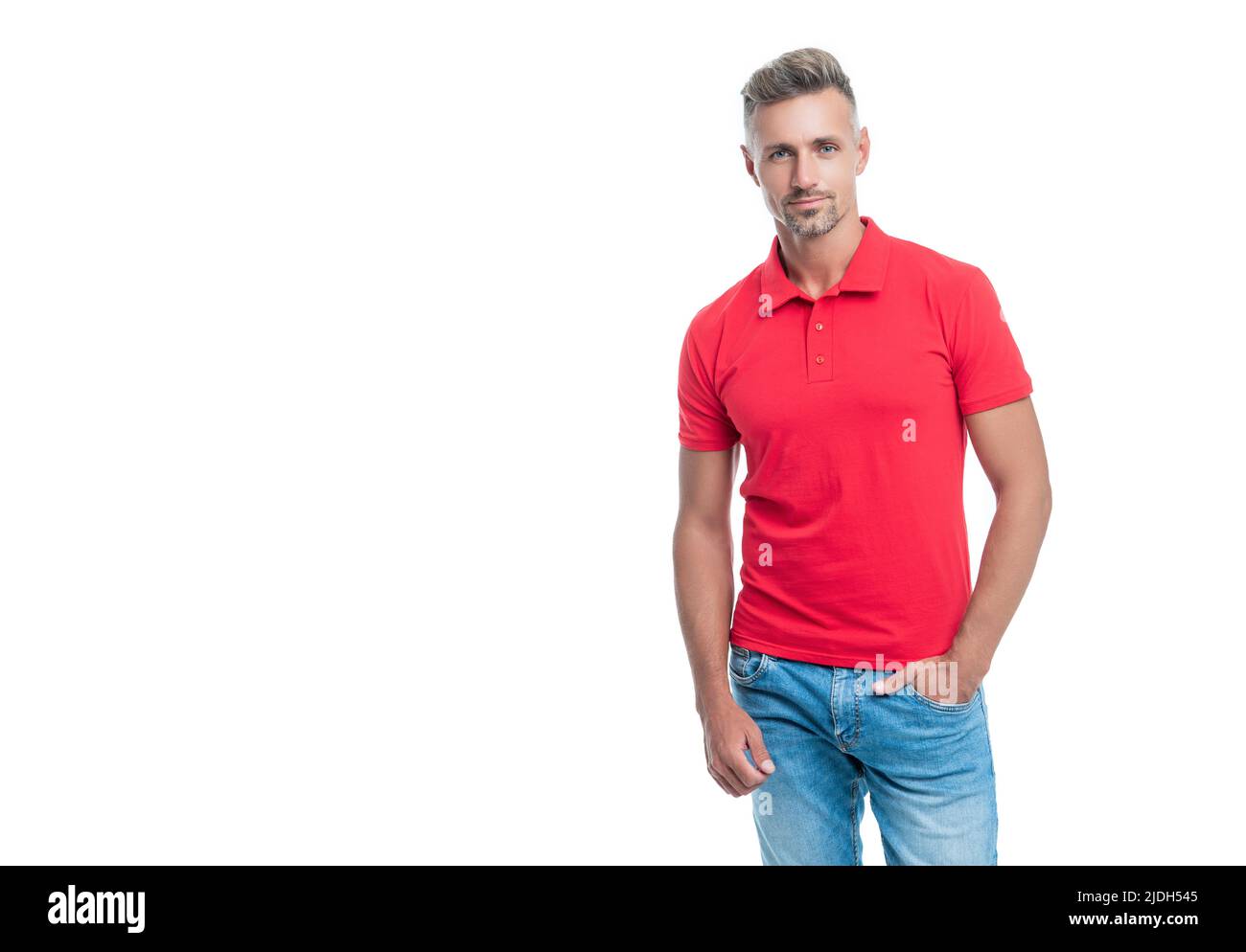 charismatic man with grizzled hair in red shirt isolated on white ...