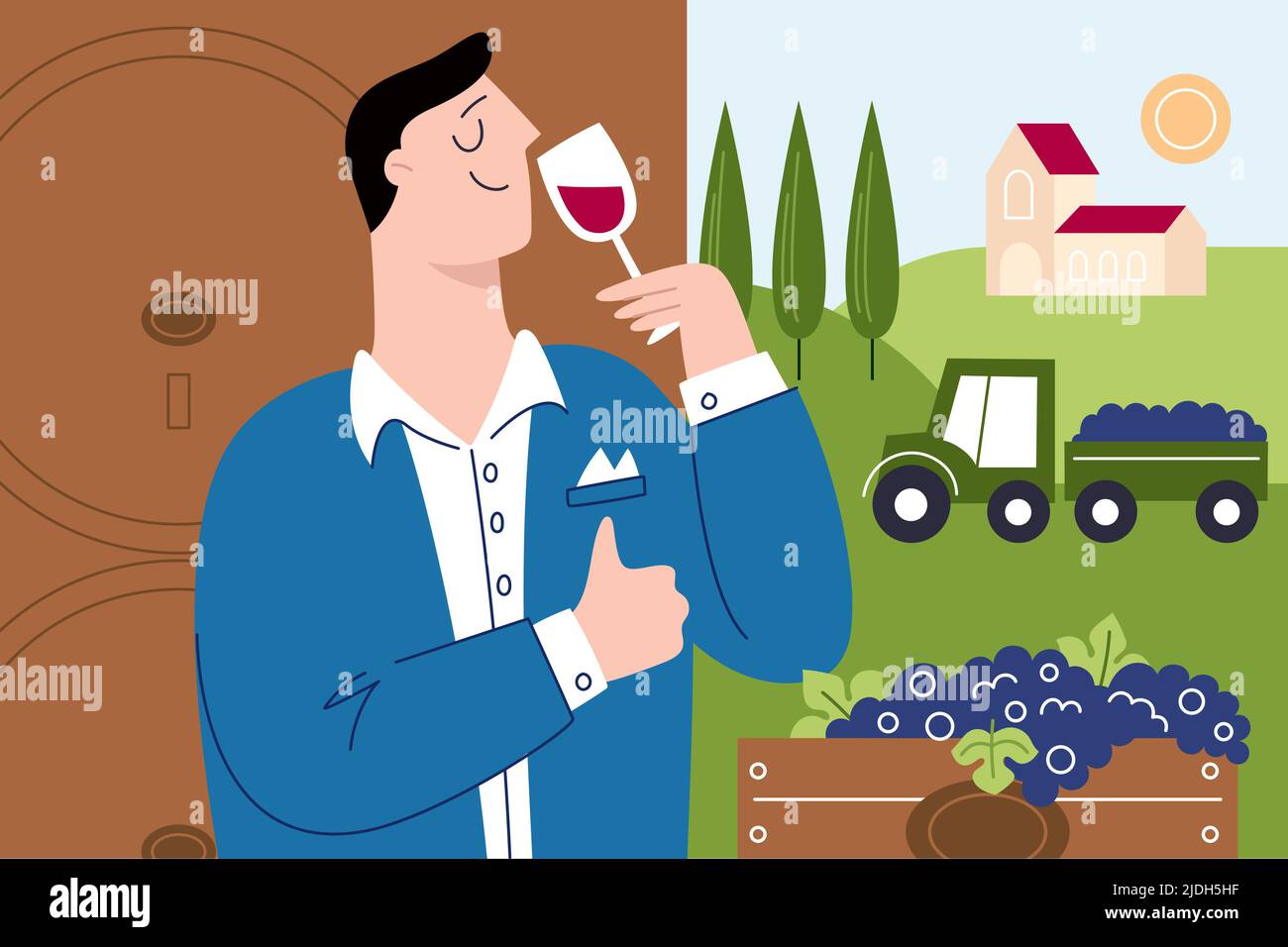 Man drink wine. Sommelier tastes alcohol beverage. Cartoon person with ...