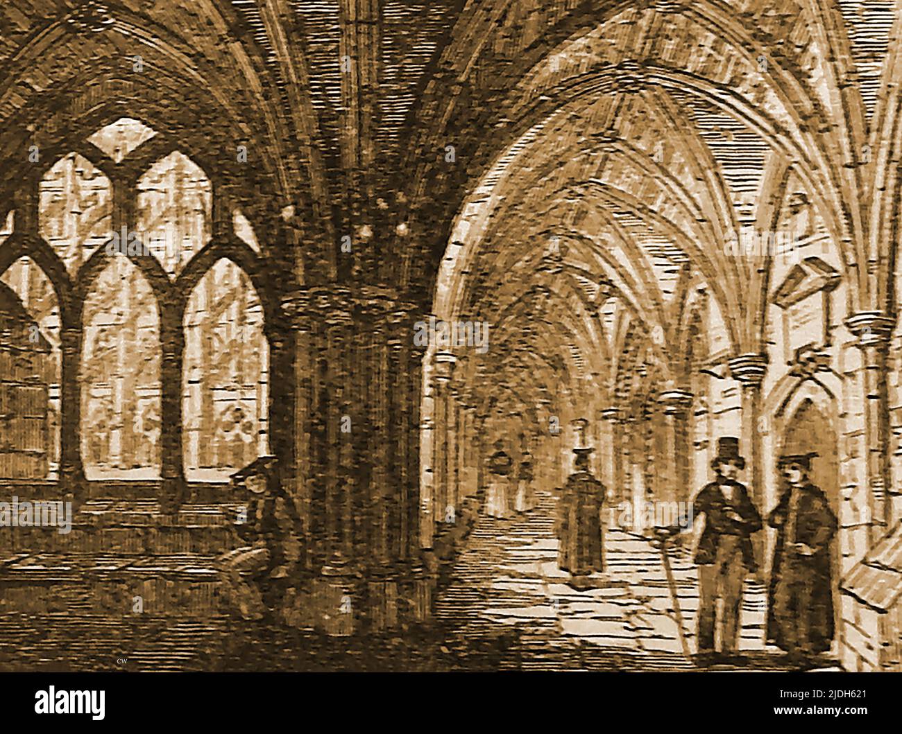 A Victorian view of part of the cloisters in Westminster Abbey, London ...