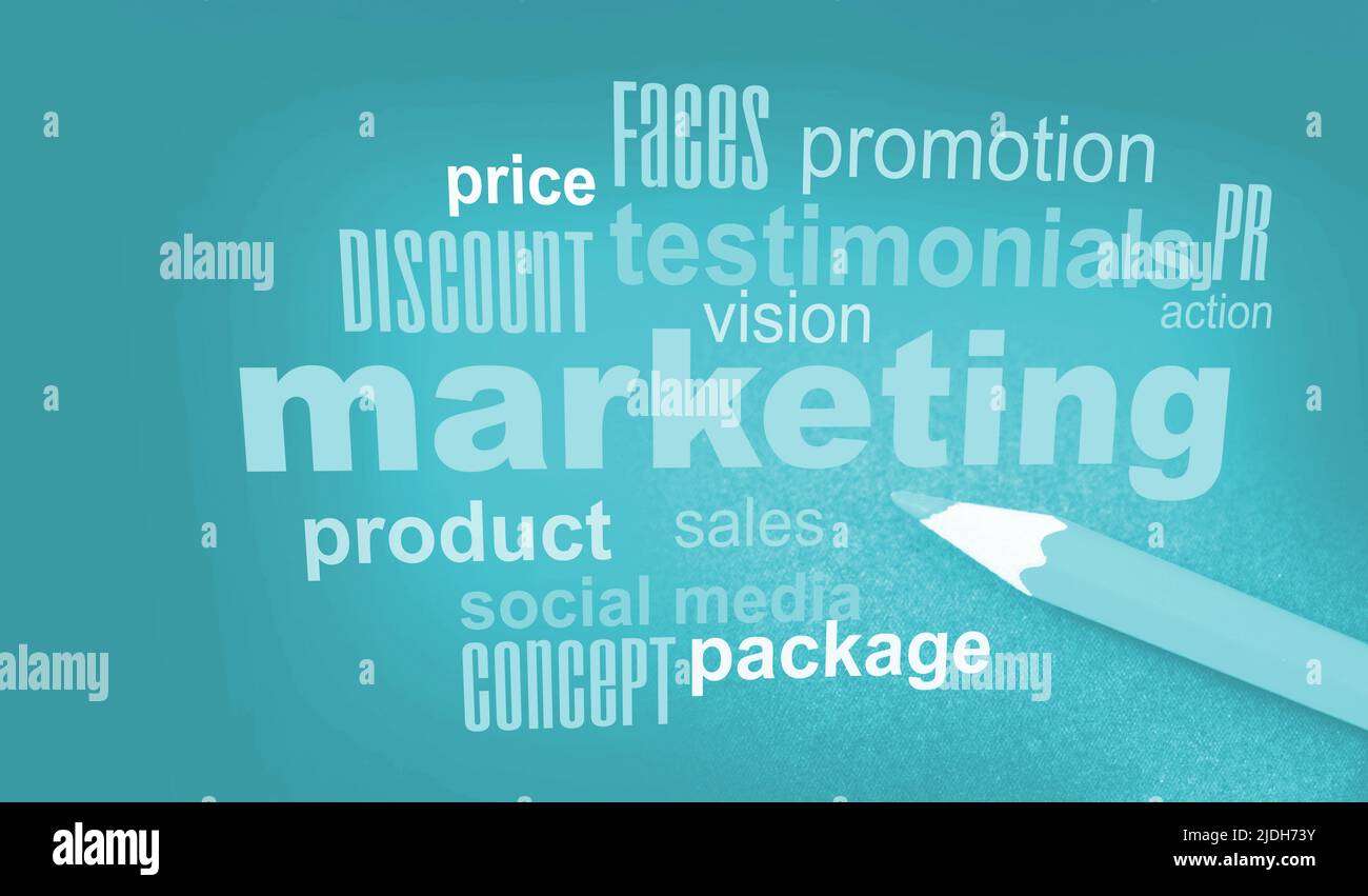 Marketing concept in word cloud style with sharpening on important word ...