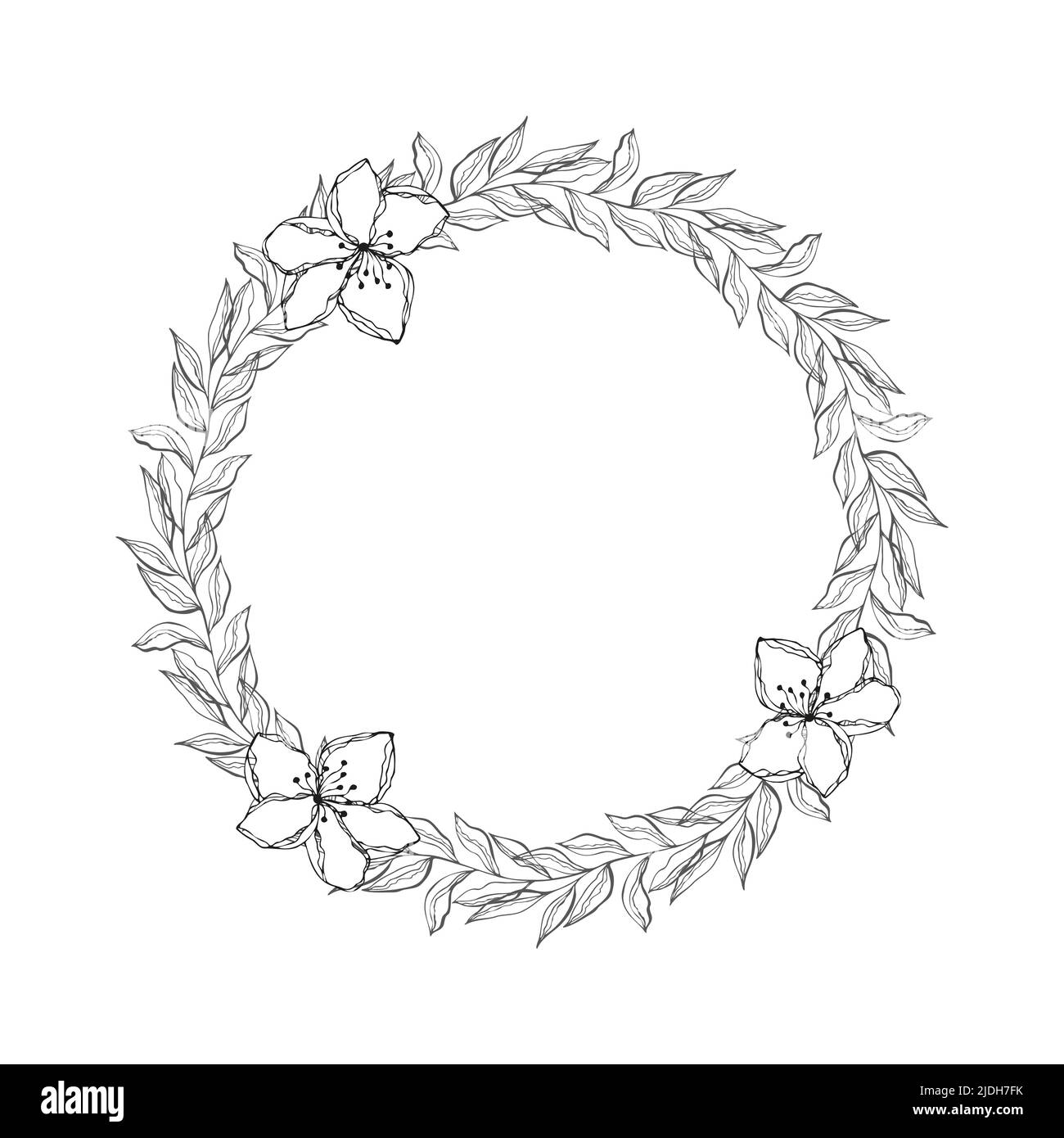Wreath floral hand drawn doodle with flowers, wedding decoration, round ...