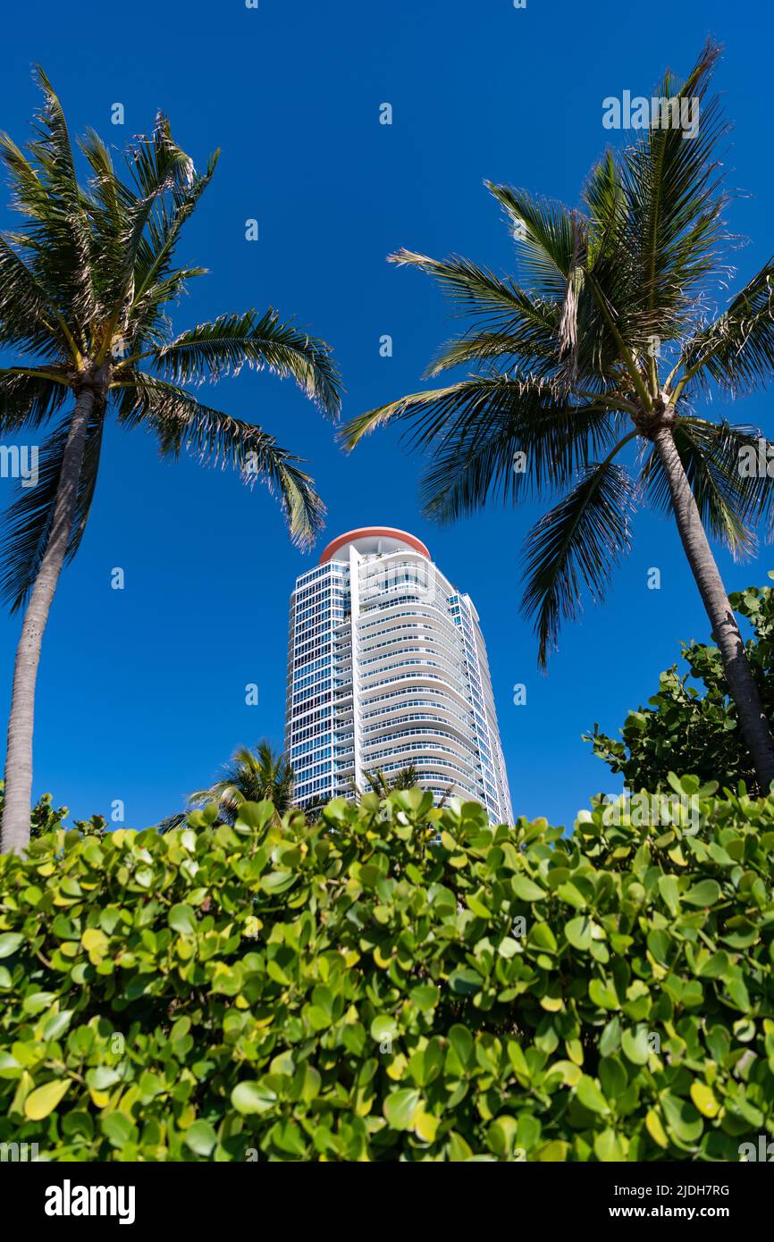Modern towerblock high-rise architecture bottom view on blue sky with ...