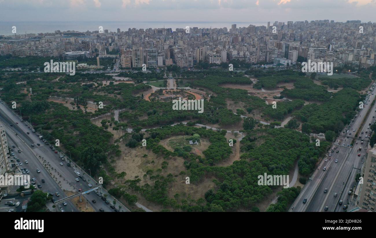 Top aerial view of a traffic circle and urban park with city skyline ...
