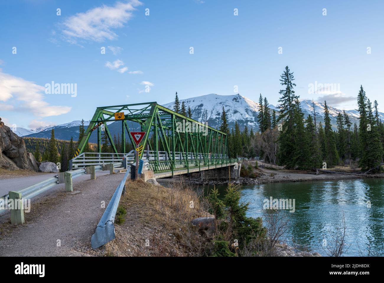 Old Fort Point trail iron bridge. Athabasca River, Jasper National Park ...