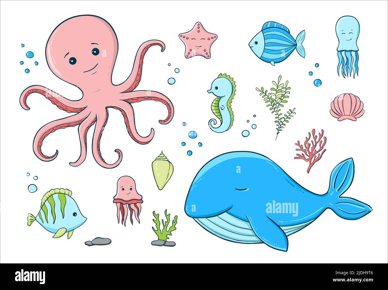 A set of vector illustrations of marine life. Drawing of fish, octopus ...