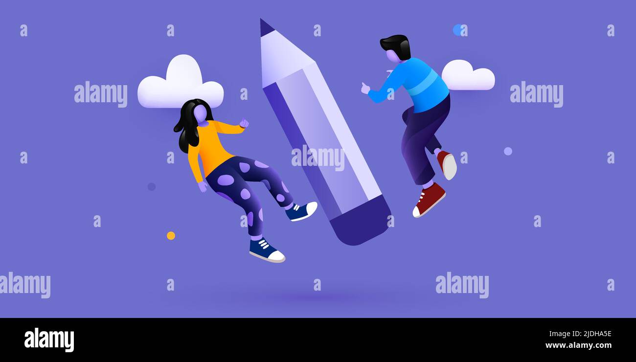 Little people fly around big pencil. Creativity concept. Landing page ...