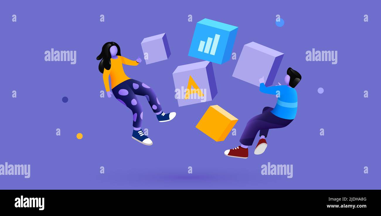 Flying people sorting data cubes. Business audit concept. Vector ...
