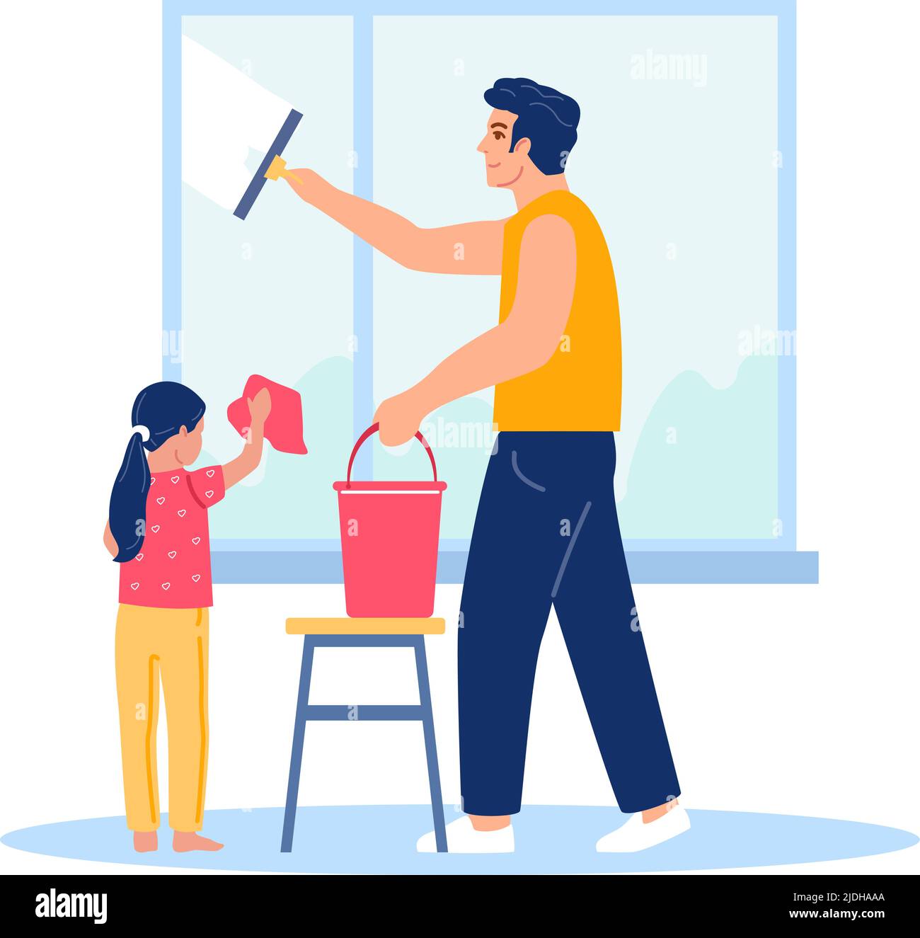 Family cleaning windows. Daughter helping father with glass washing ...