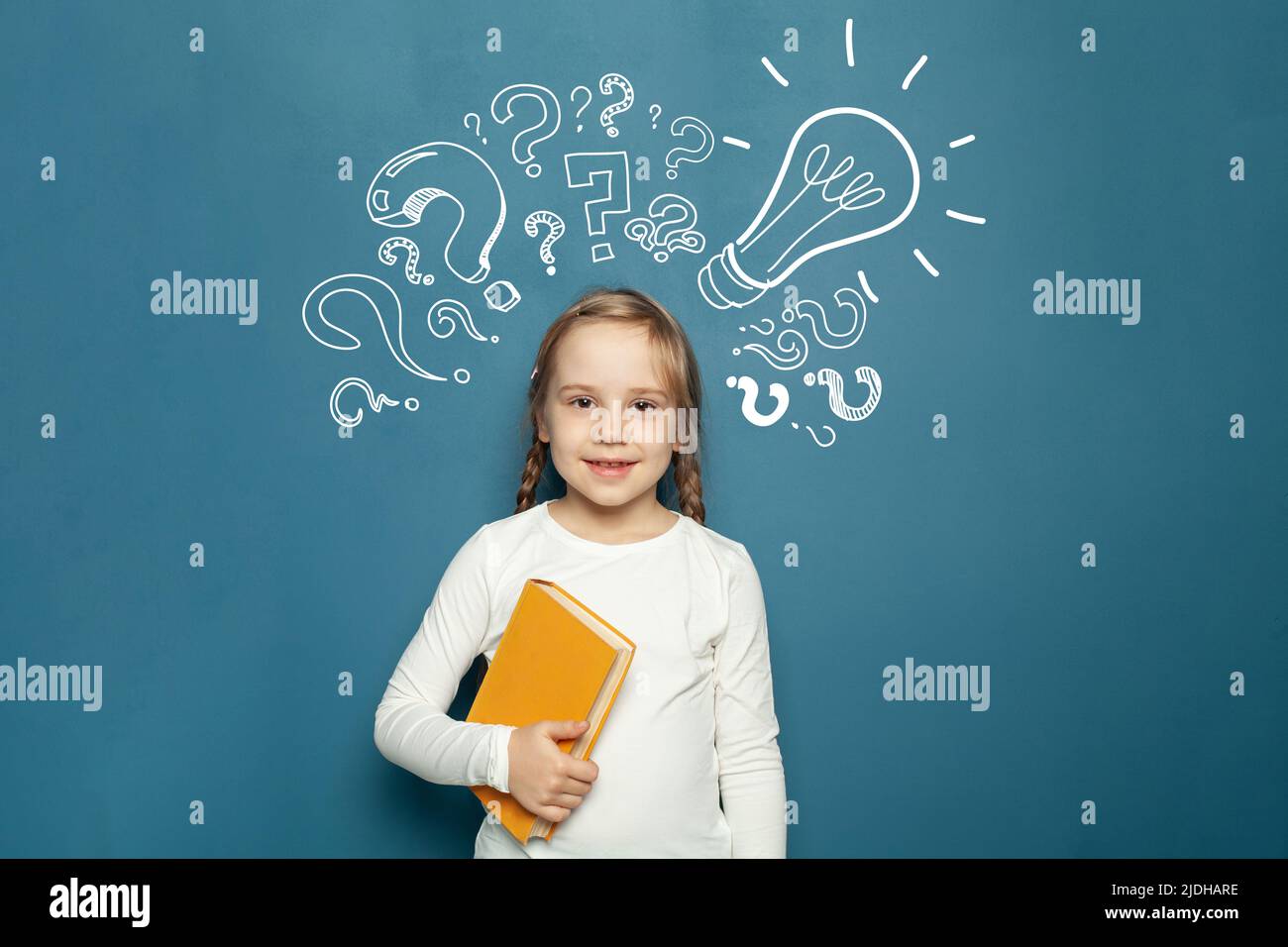 Young girl with question mark and light bulb. Idea, doubt, brainstorm ...