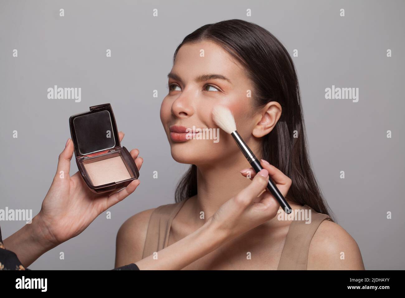 Makeup artist applies blush make-up to a healthy skin of cute female ...