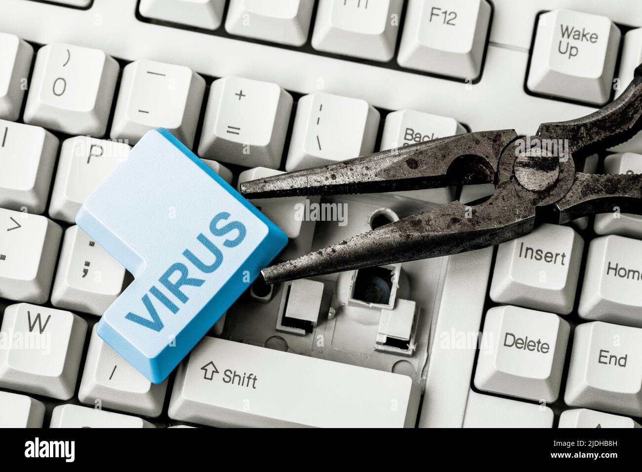 Pliers with removed blue VIRUS key from a computer keyboard. Computer ...