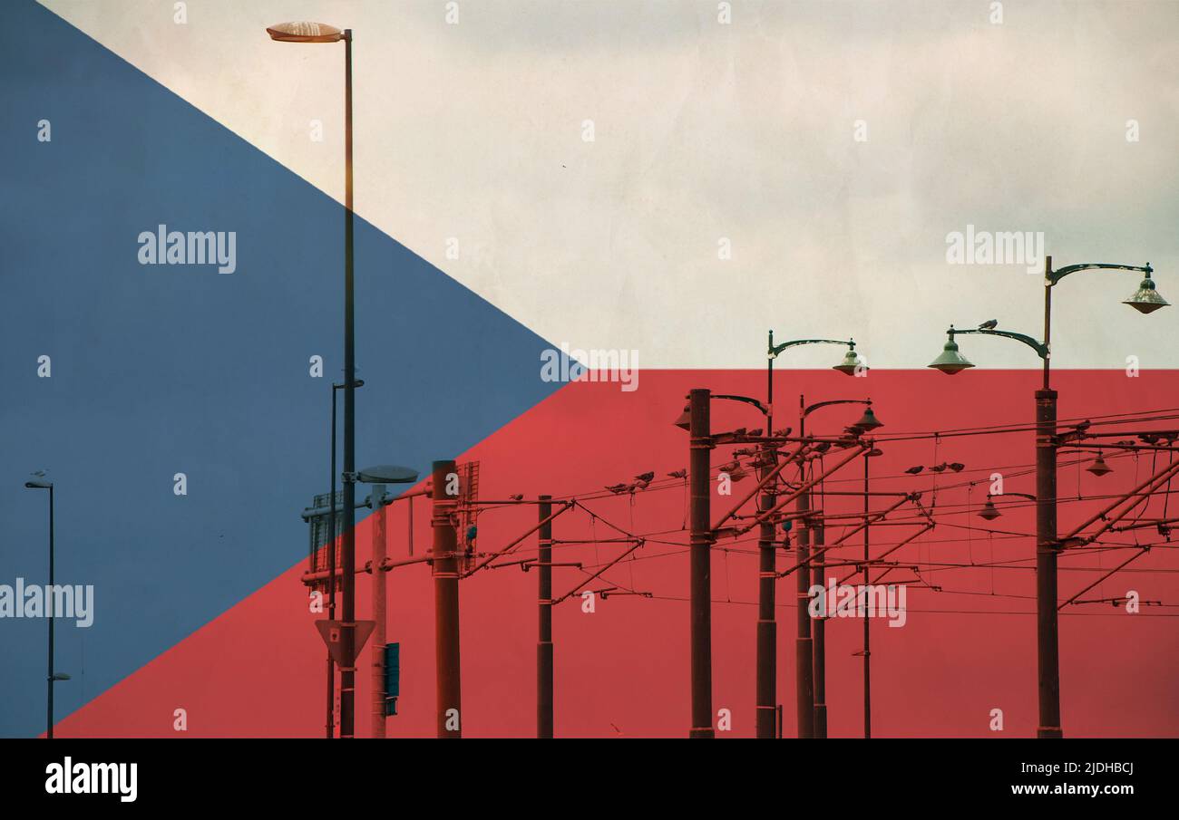 Czech Republic flag with tram connecting on electric line with blue sky ...