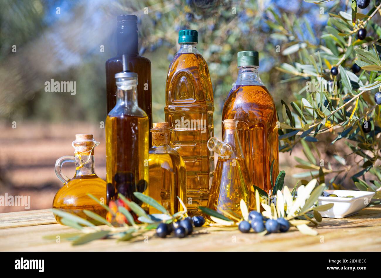 Various kinds of oil on the table on background of olive tree Stock ...
