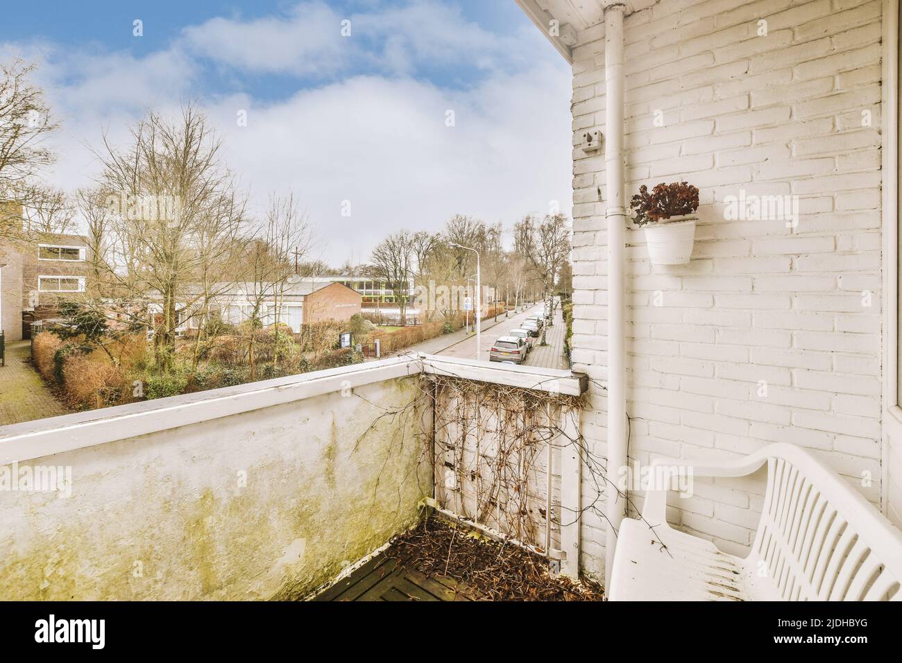 The front view of buildings with pavement and vegetation describing ...