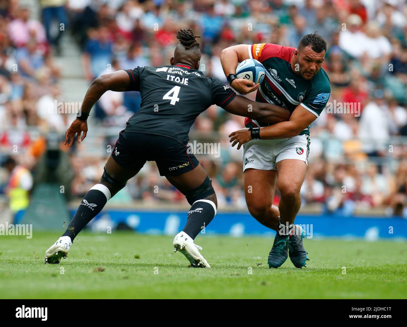 LONDON ENGLAND - JUNE 18 : Ellis Genge of Leicester Tigers during ...
