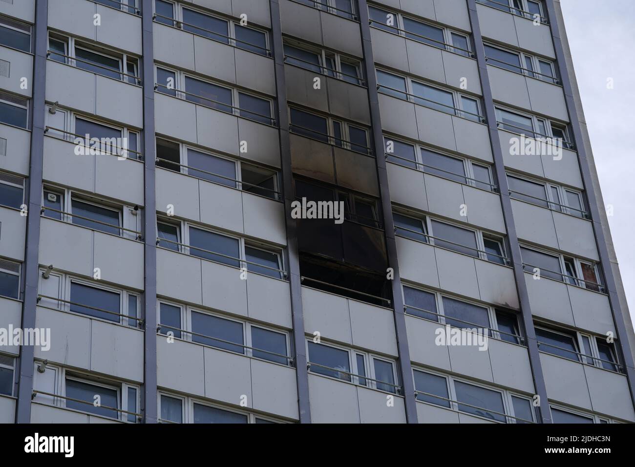 Scorch marks can be seen on the 12th floor of a tower block at Stebbing ...