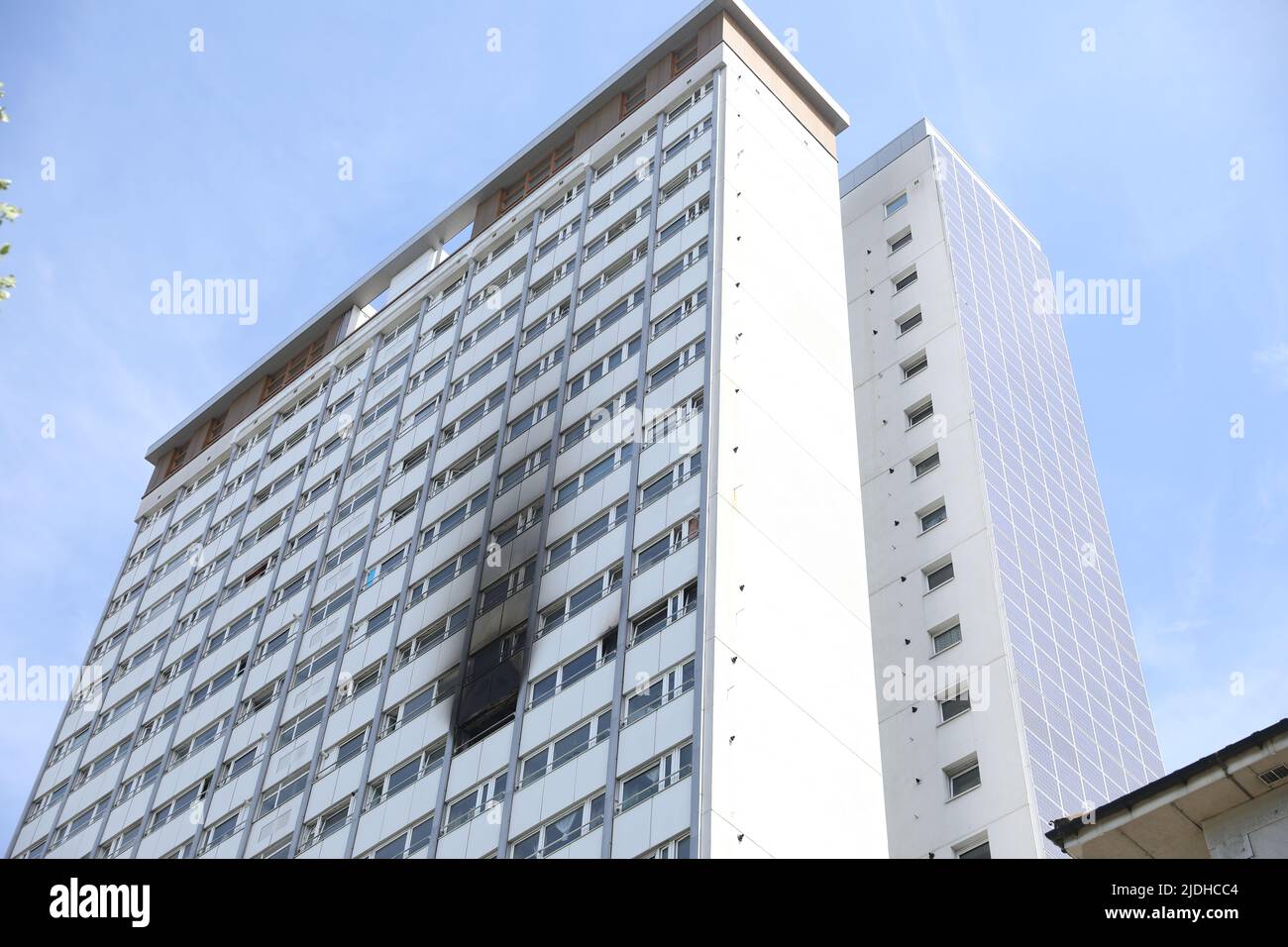 Scorch marks can be seen on the 12th floor of a tower block at Stebbing ...