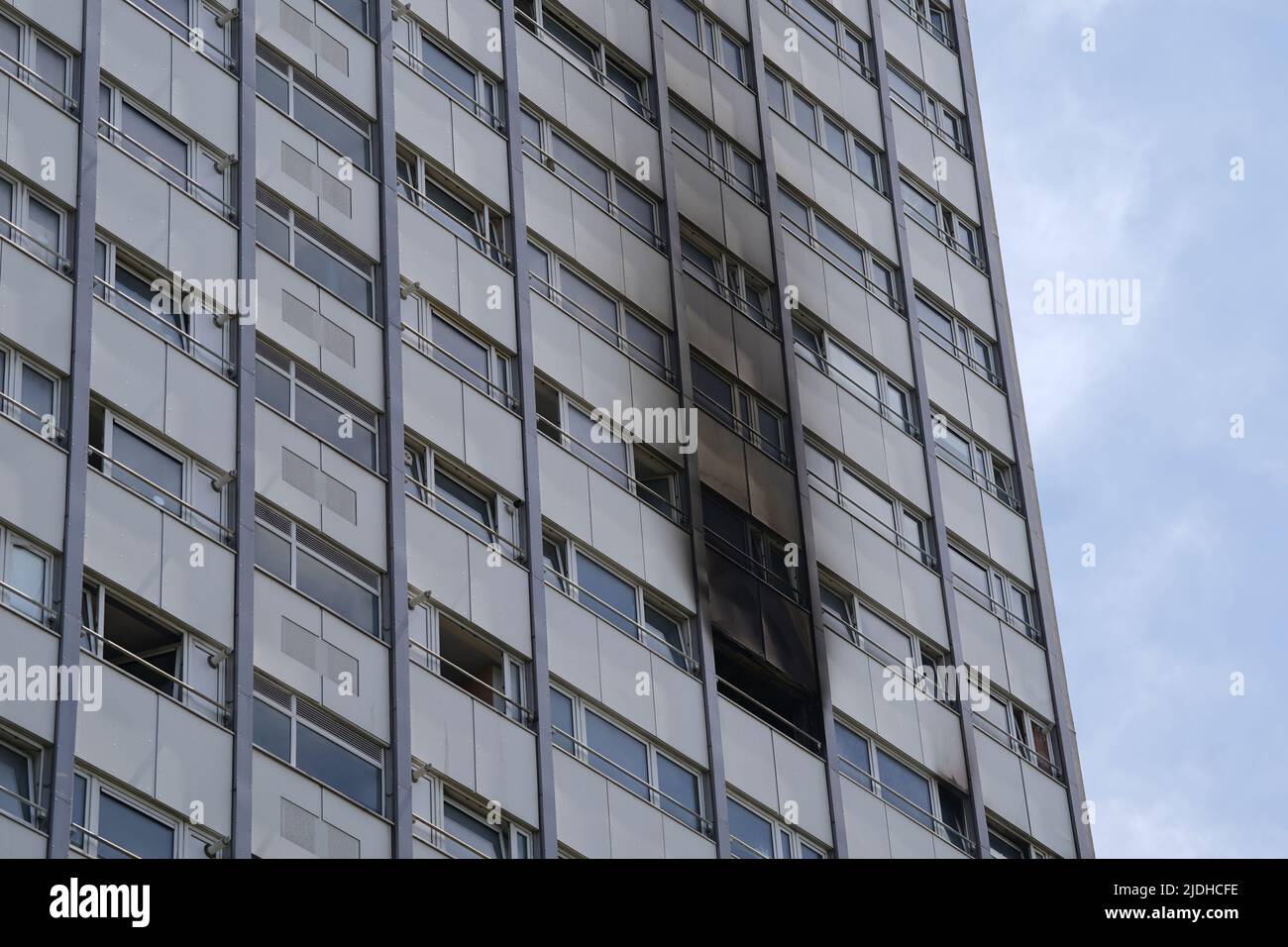 Scorch marks can be seen on the 12th floor of a tower block at Stebbing ...