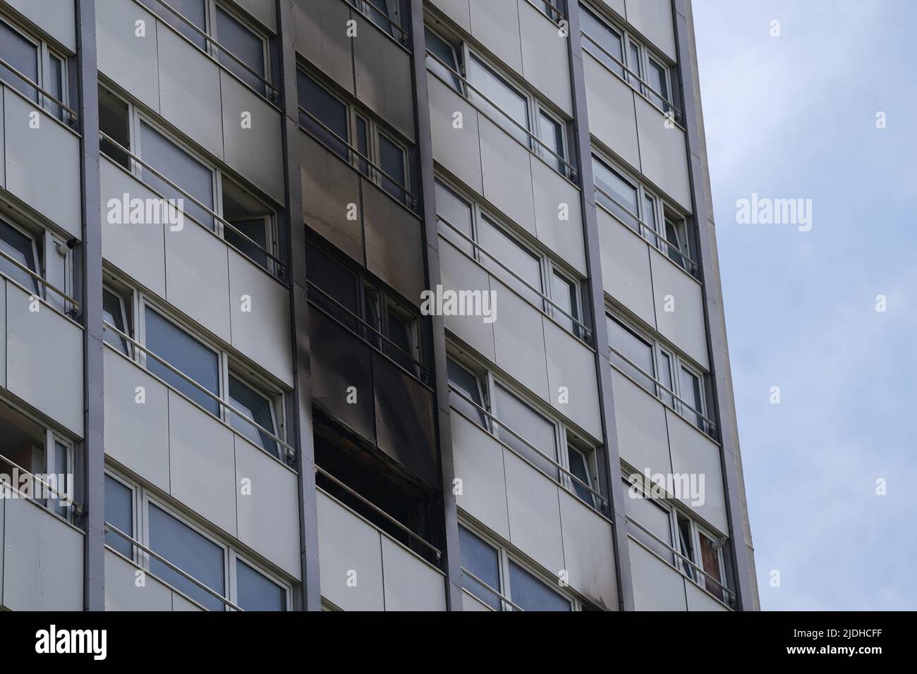 Scorch marks can be seen on the 12th floor of a tower block at Stebbing ...