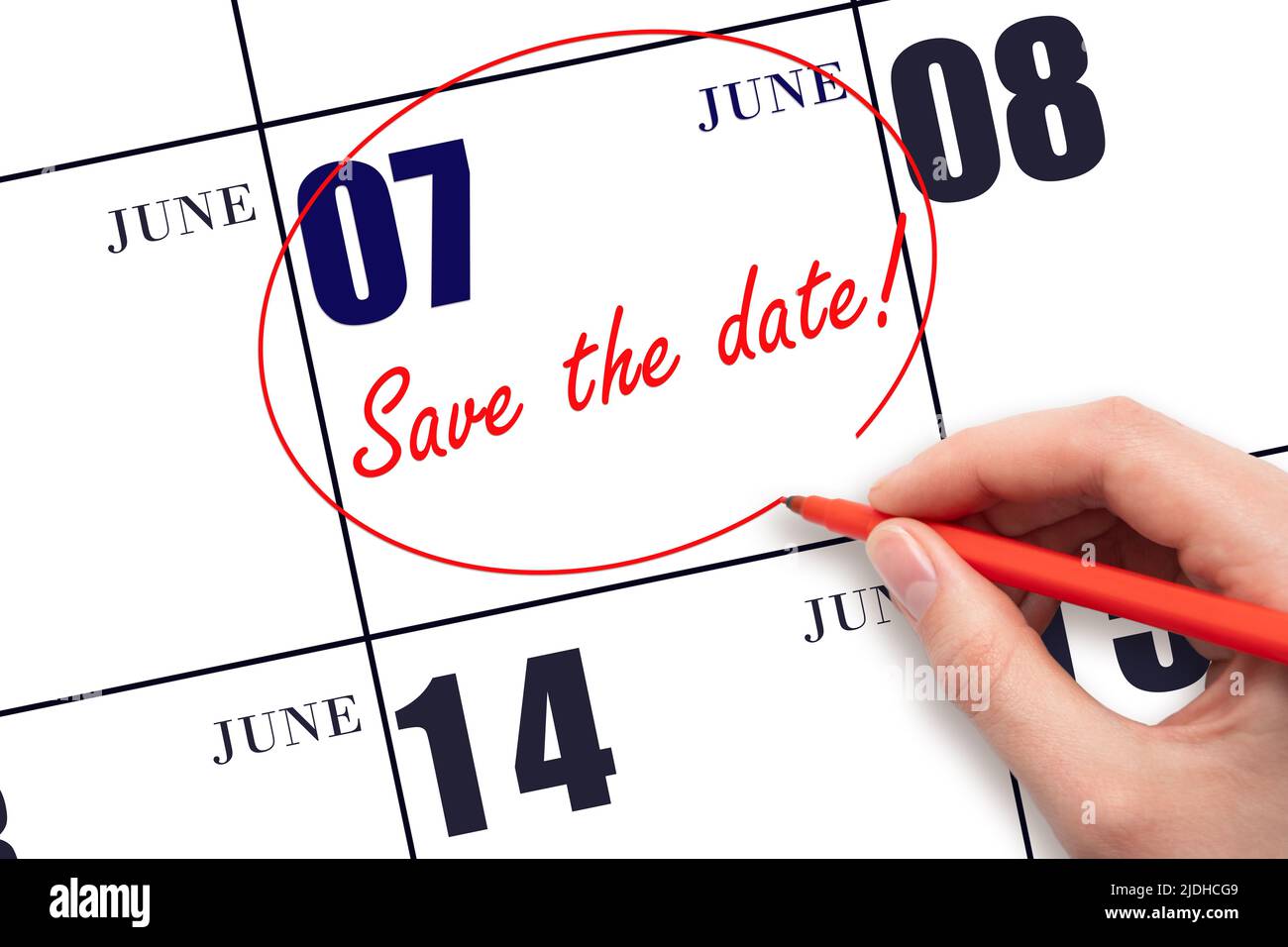 7th day of June. Hand drawing red line and writing the text Save the ...