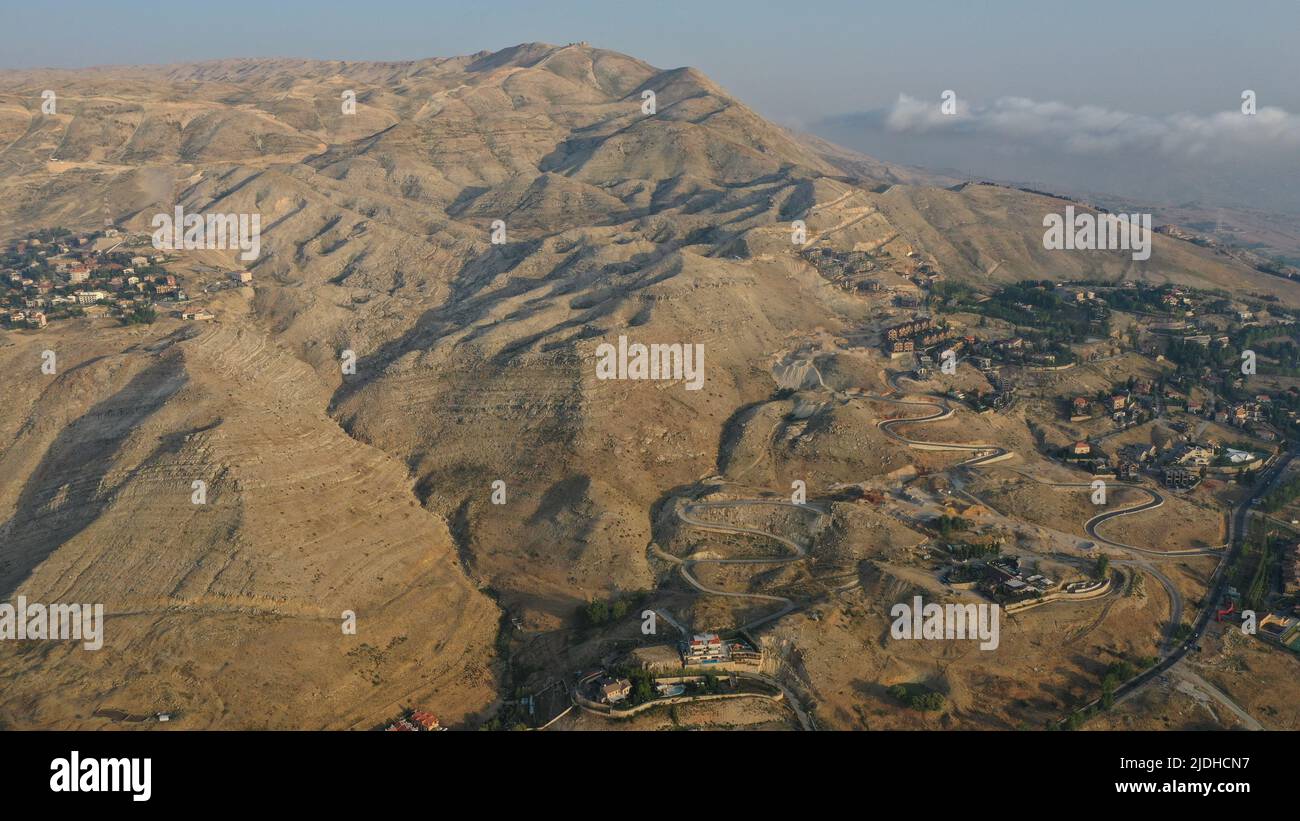 Mountainous side view of Mount Lebanon with houses, roads and villages ...