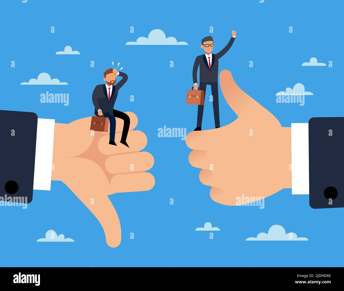 Good luck and bad luck. Praise and blame, thumb up and down sign, happy ...