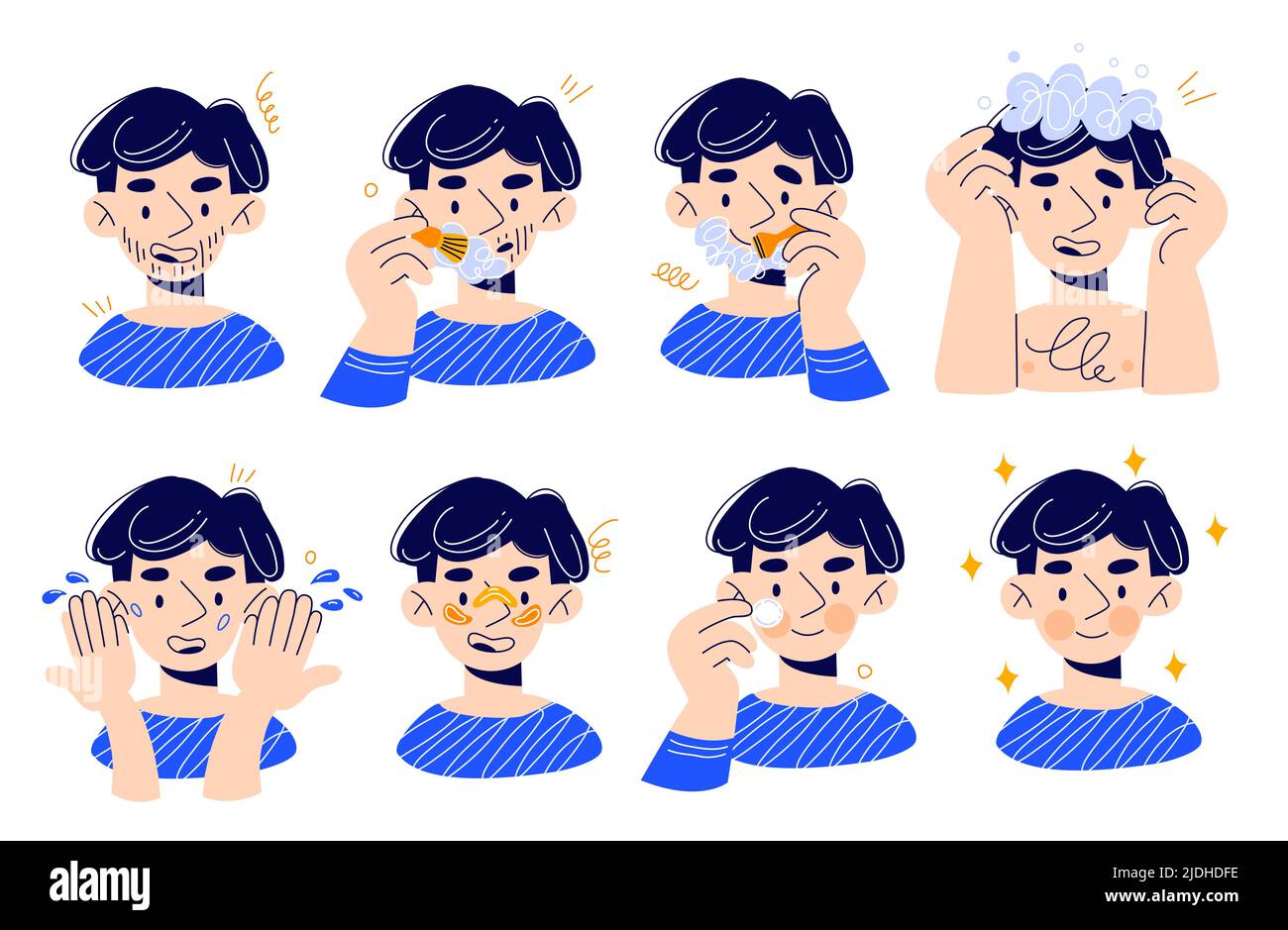 Man facial skin care. Funny guy shaves, washes his hair, apply cream ...