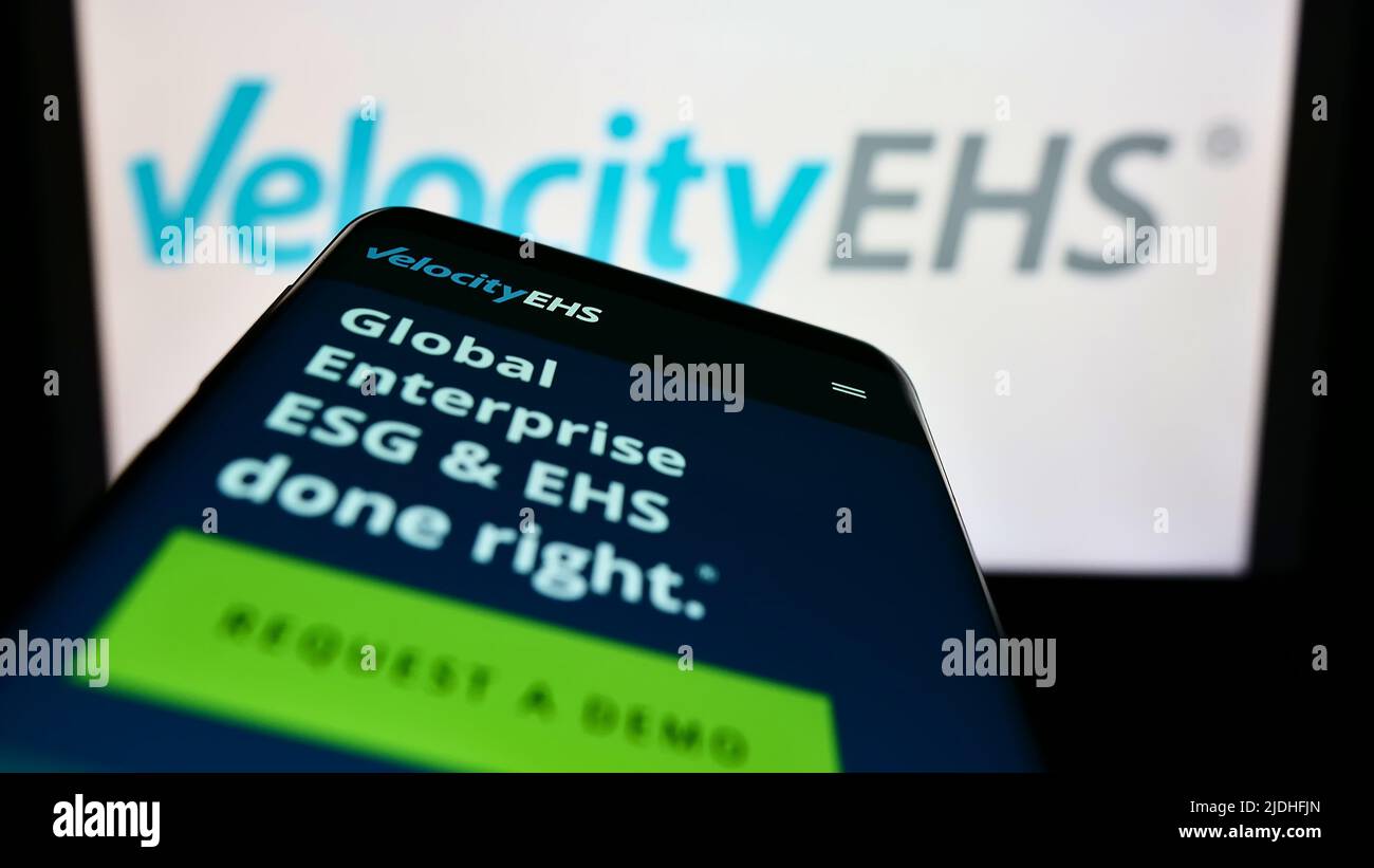 Mobile phone with webpage of American software company VelocityEHS ...