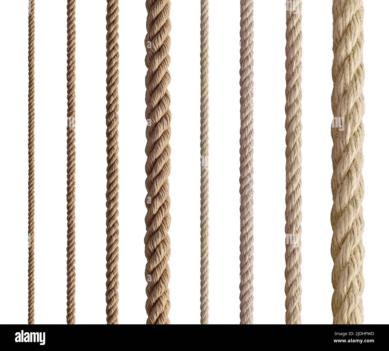 collection of various ropes string on white background. each one is ...