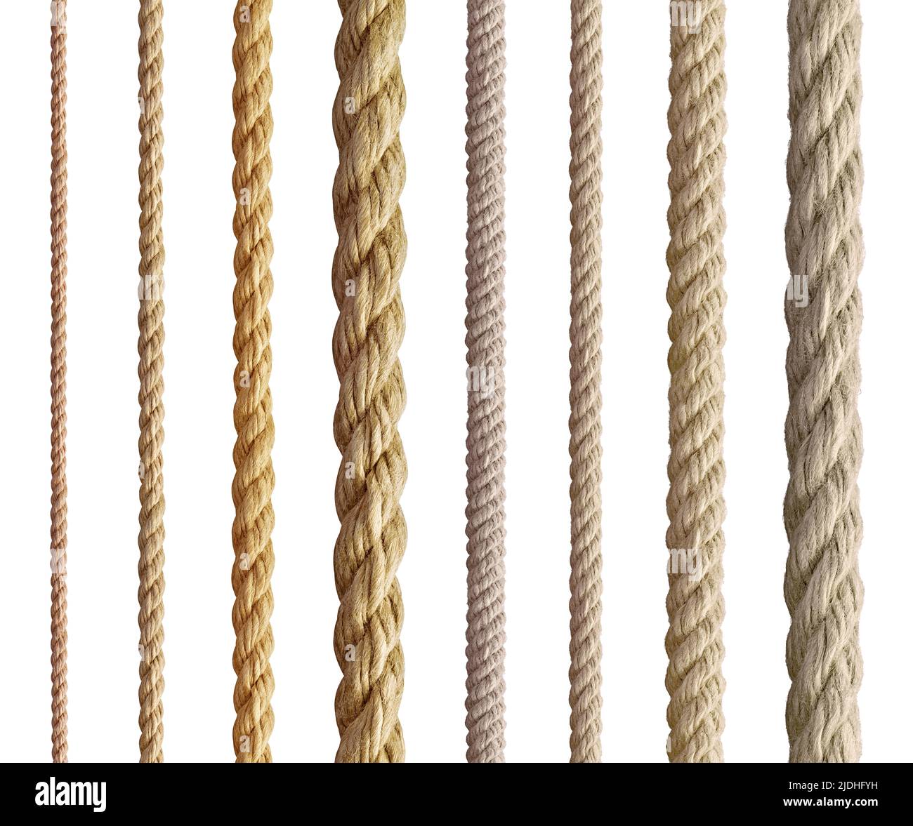 collection of various ropes string on white background. each one is ...