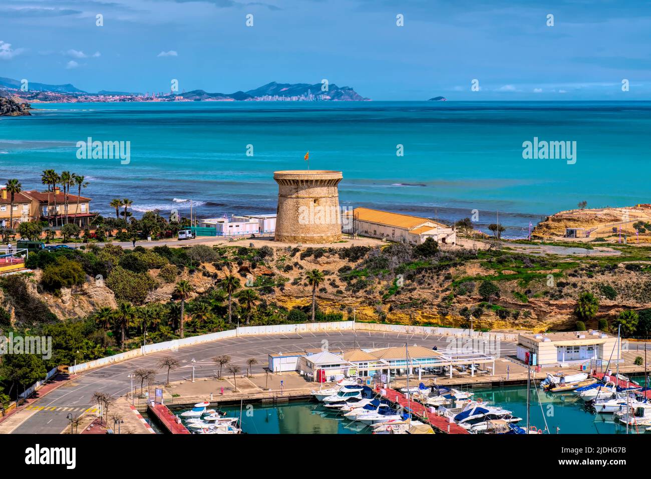 El Campello tower landmark tourist attraction with marina boats and ...