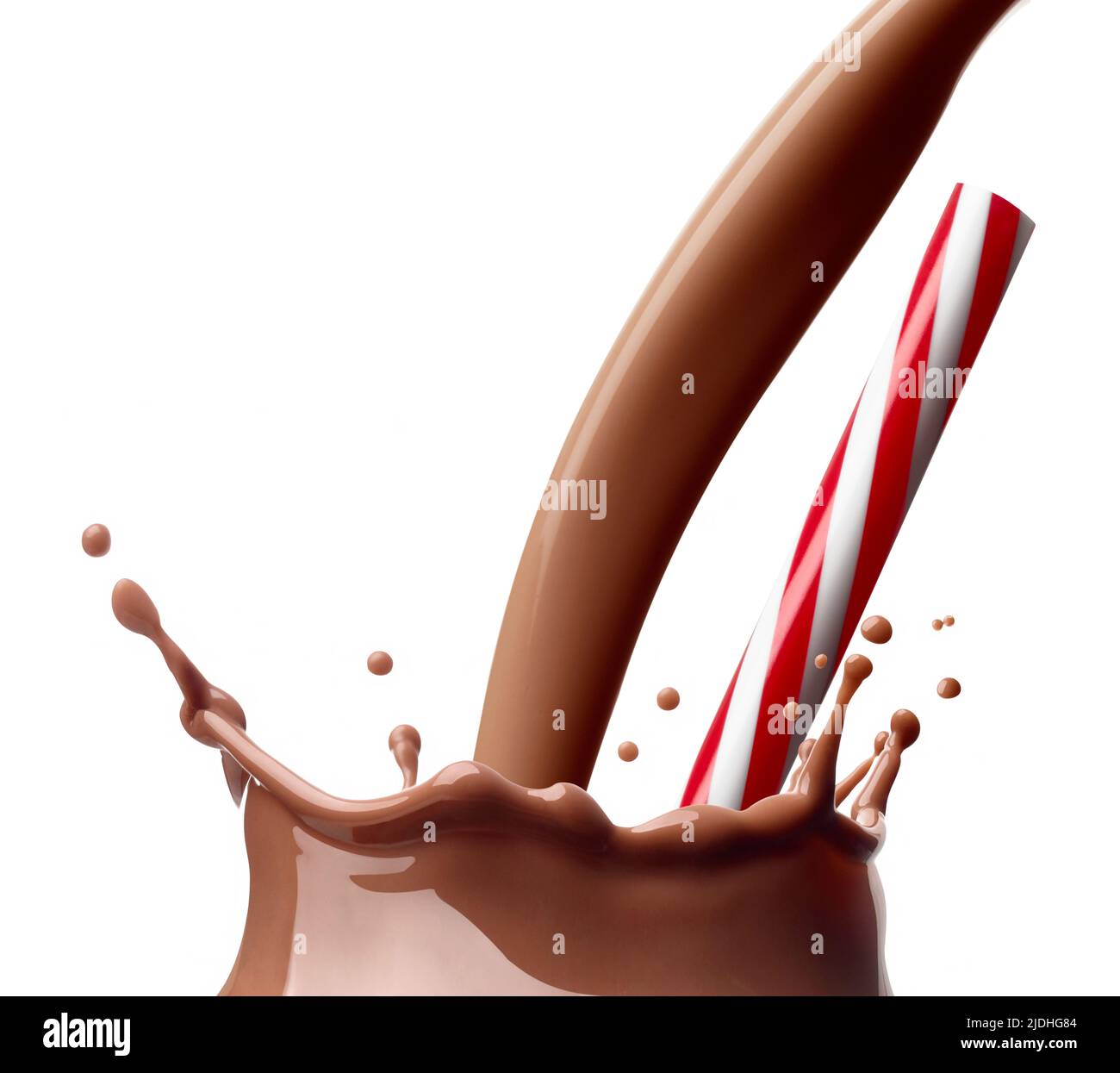 close up of chocolate milk splash, chocolate pieces and a straw on ...