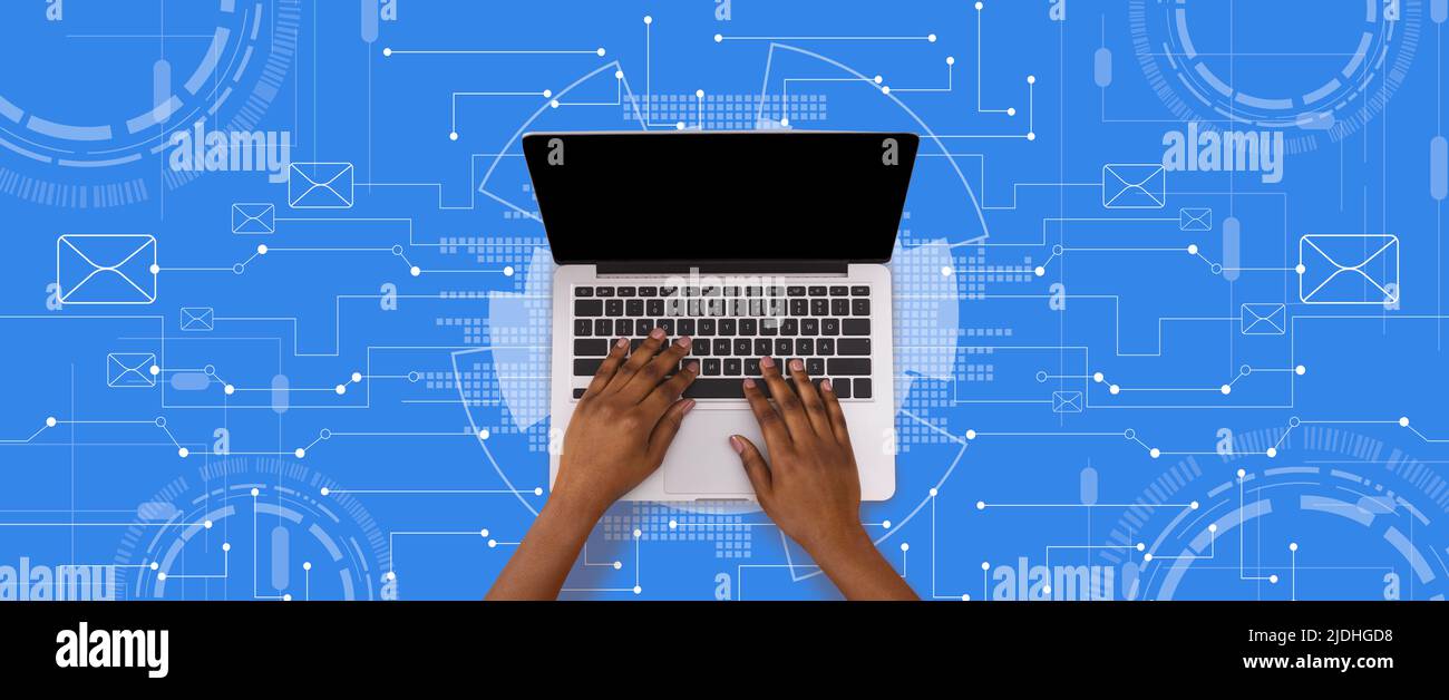 Virtual Chat. Black Female Typing On Blank Laptop Over Abstract ...