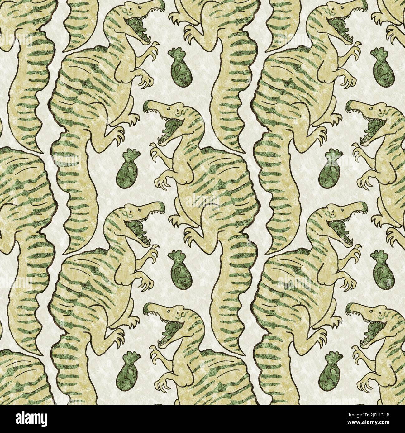 Green hand drawn Spinosaurus dinosaur seamless pattern. Gender Neutral ...