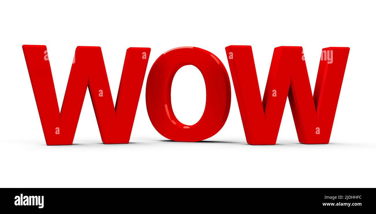 Red WOW symbol, icon or button isolated on white background, three ...