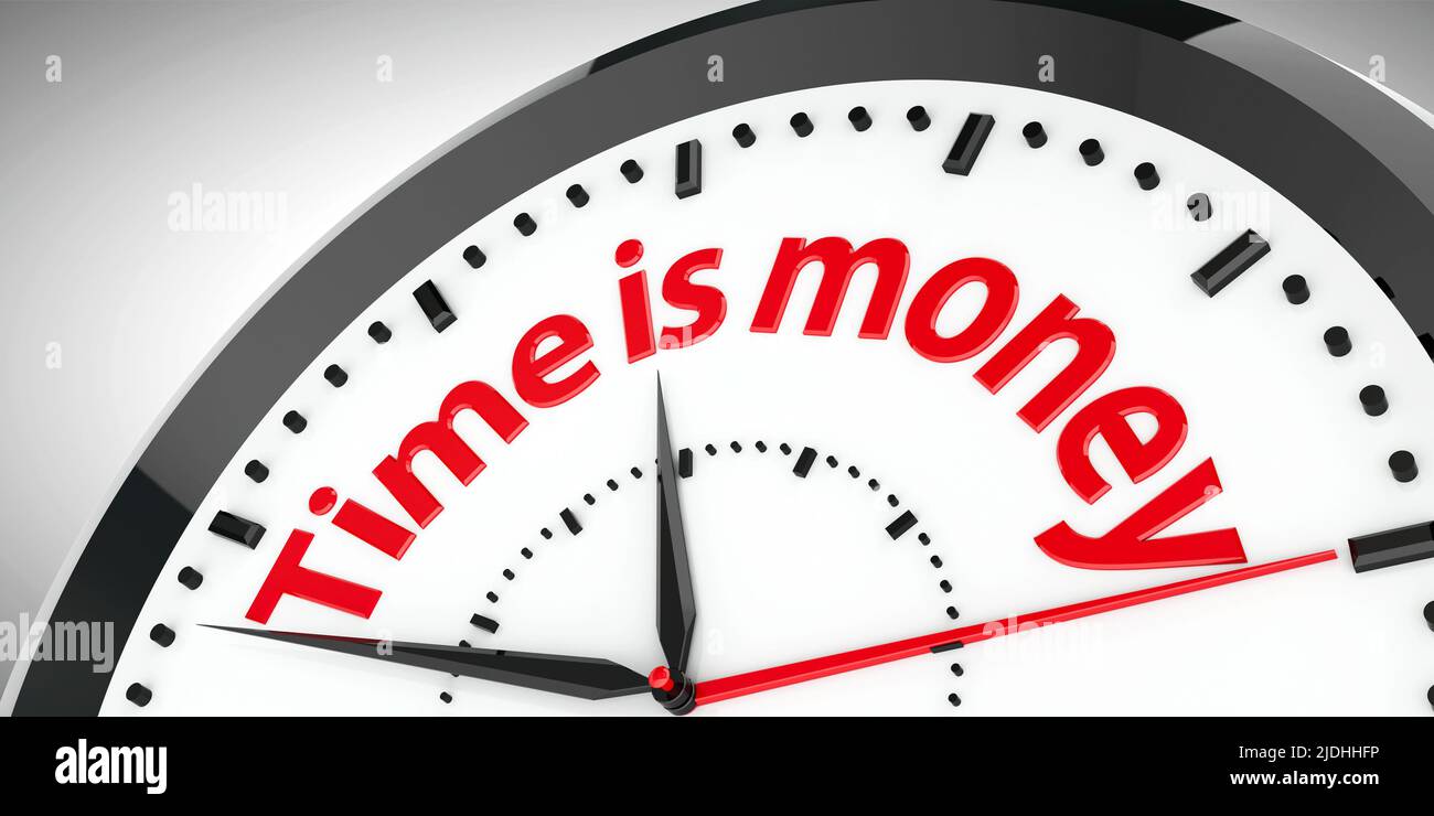 Black clock with Time is money represents time business concept, three ...