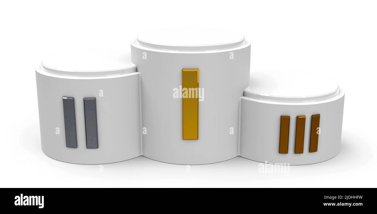 White cylinder podium with three rank places (roman numerals), three ...