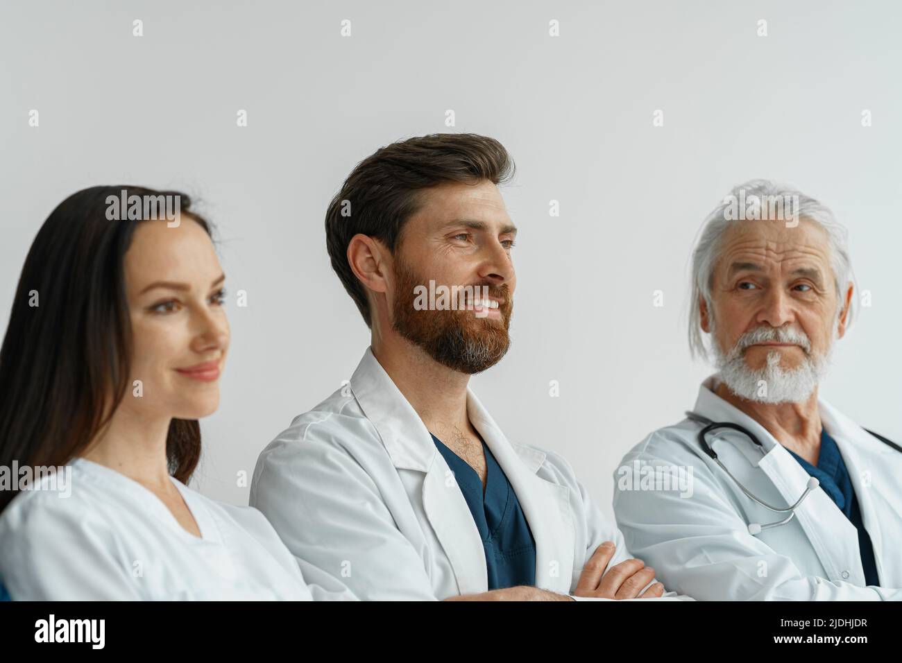 Group of professional doctors standing in a line at the modern clinic ...