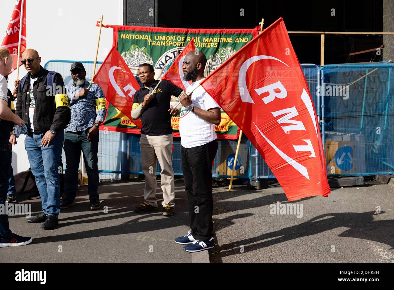London, UK. 21st June, 2022. Members of the RMT Union seen at the ...
