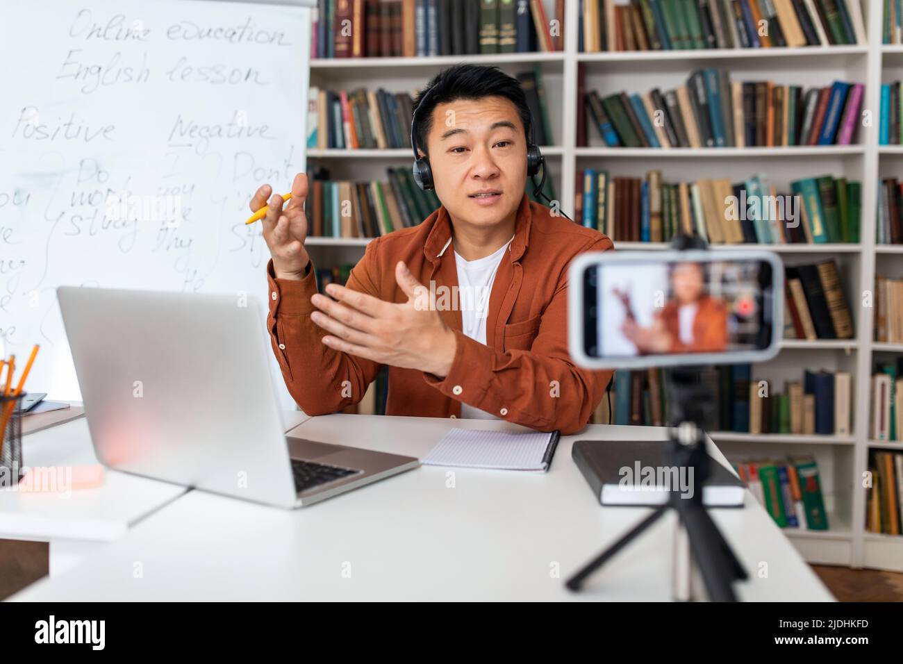 Korean Tutor Man Teaching Having Online Lecture In Classroom Stock ...